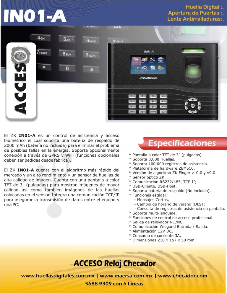 Reloj checador biométrico zkteco IN01-A gprs telcel